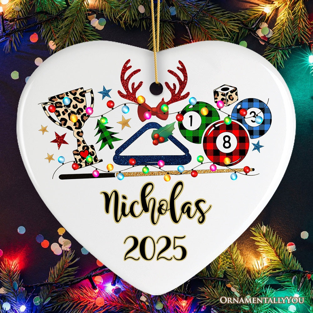 Personalized Billiards Buffalo Plaid Christmas Ornament, Pool Balls Sn