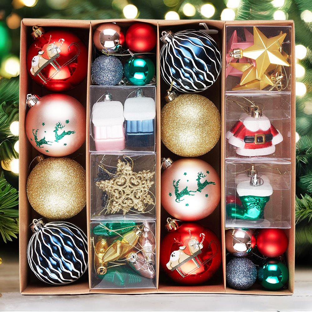 Premium Christmas Ornament Eclectic Bundle Set, 60 Glitter Filled Baub