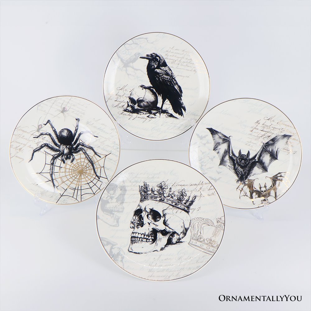 Gothic Elegance Set of 4 Plates with Real Gold Trim, Halloween Tablewa