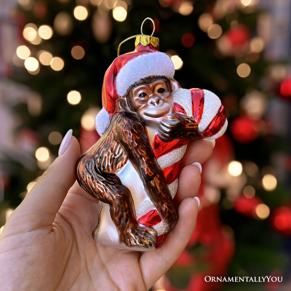 Cute Monkey with Candy Cane Glass Christmas Ornament, Adorable Chimp H