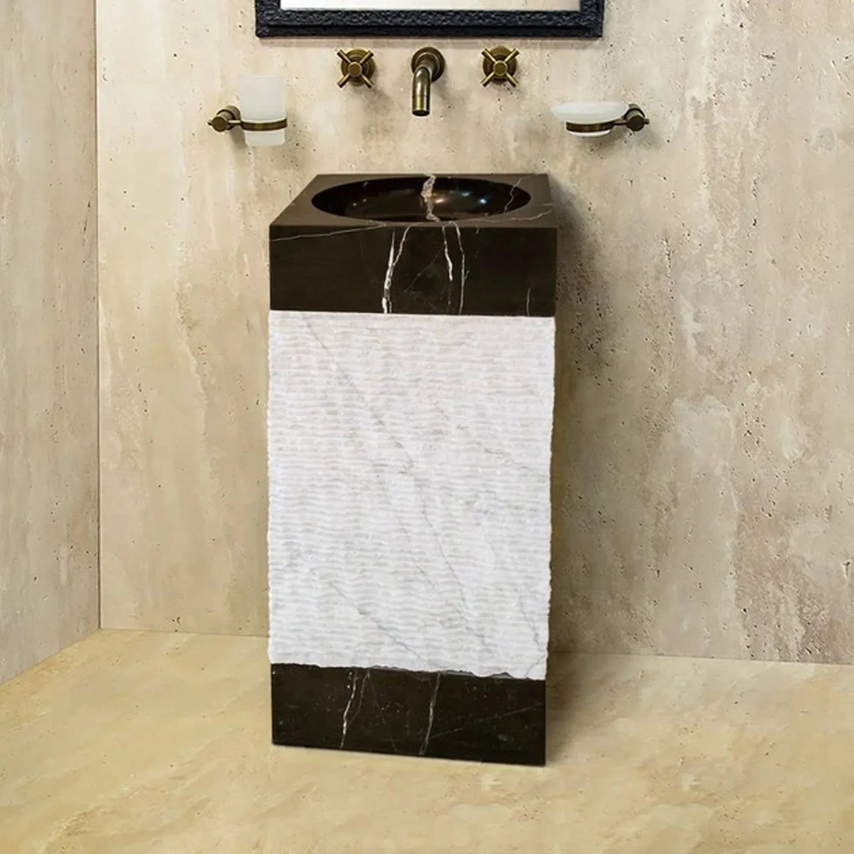 Natural Stone 3 piece Marble Pedestal Stand-alone Sink Toros Black-Car