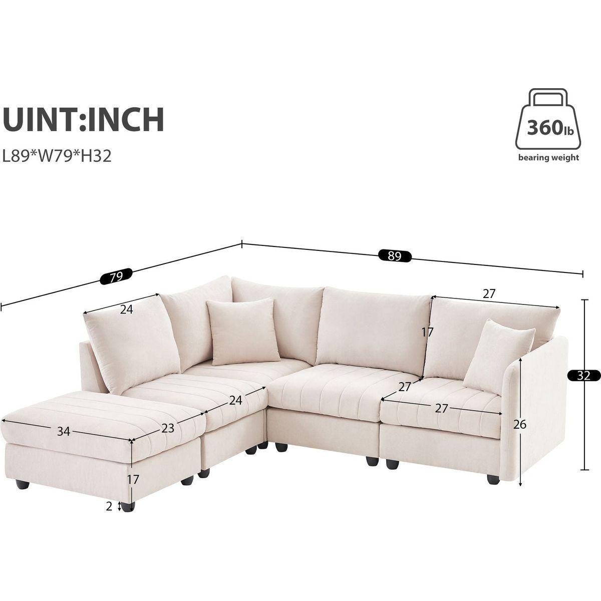 89x79"Modern Sectional Sofa with Vertical Stripes,2 Pillows,5-Seat Cou