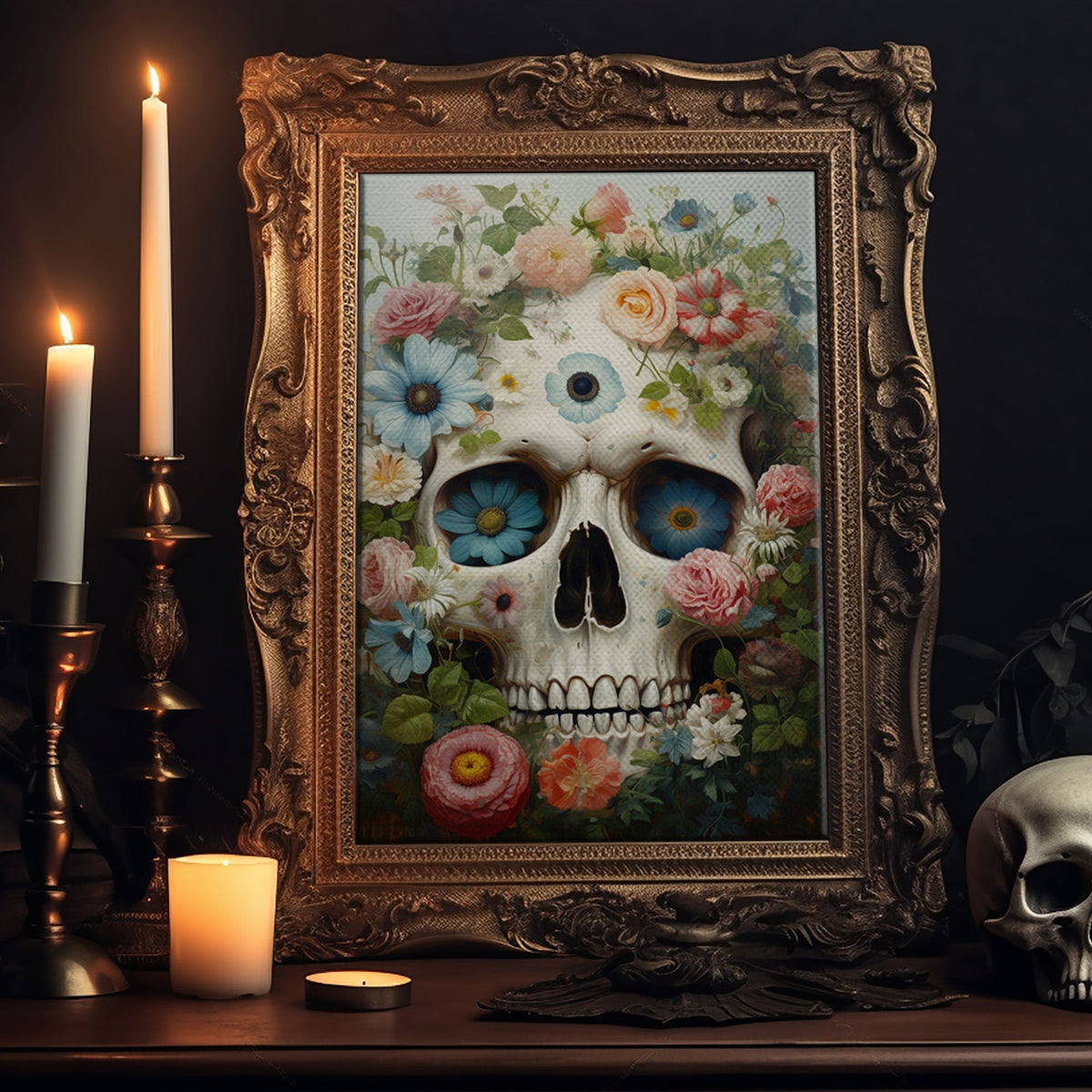 Floral Sugar Skull Print, Framed Canvas Print, Macabre Halloween Art,