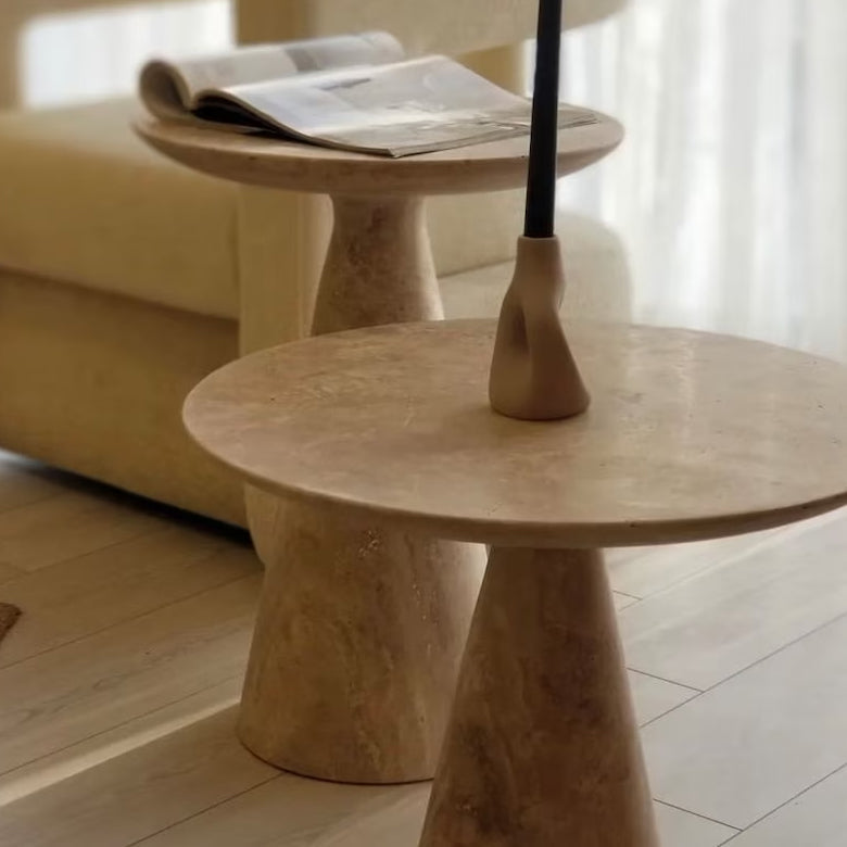 Troia Light Travertine Round End/Side Table Conic Shape Leg Honed (D)1